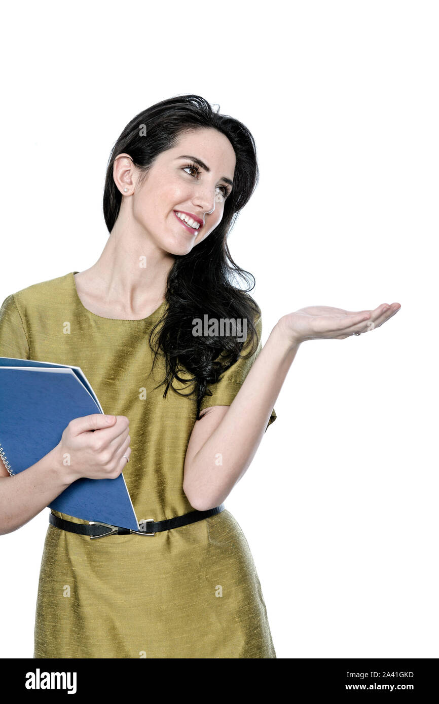 Professional business woman holding out her hand to an open space Stock ...