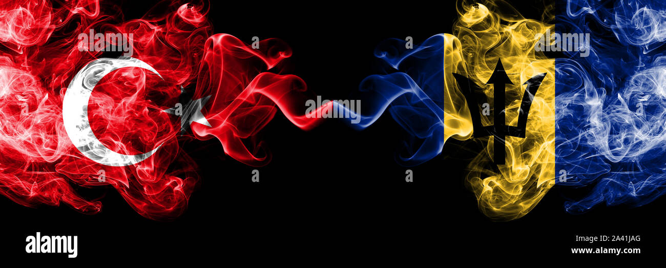 Turkey vs Barbados, Barbadian smoke flags placed side by side. Thick ...