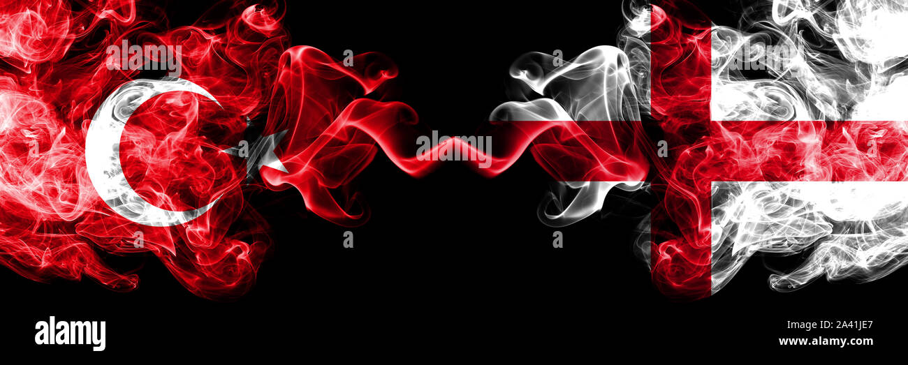 Turkey vs England, English smoke flags placed side by side. Thick ...