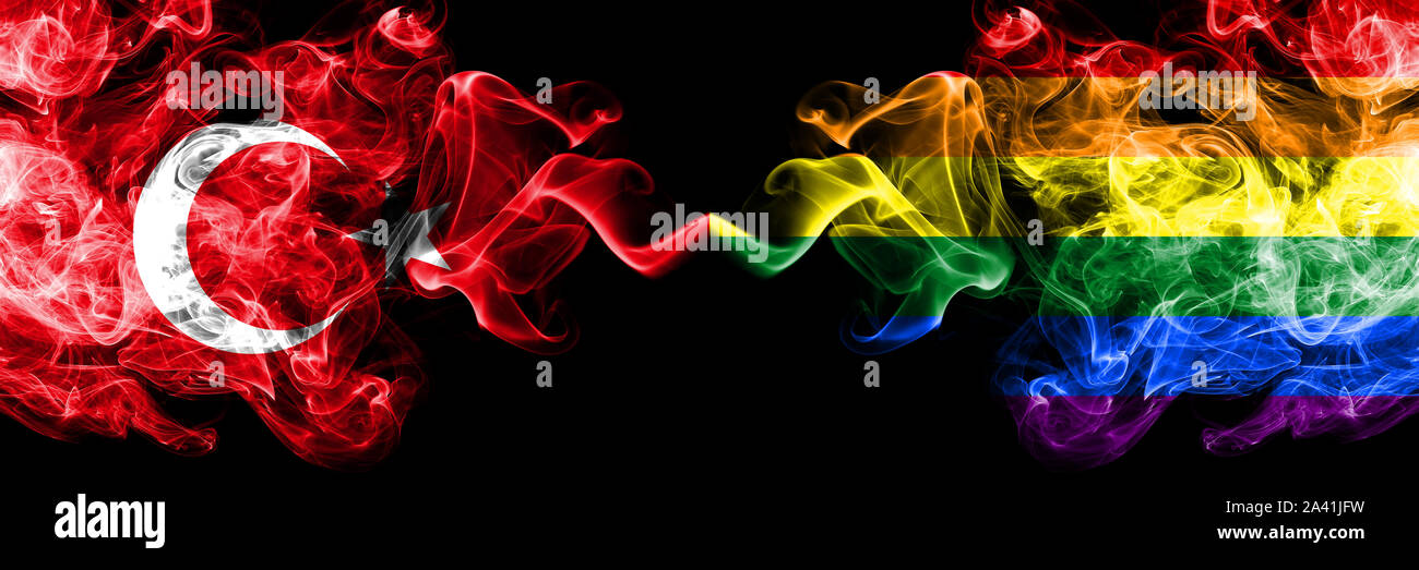 Turkey vs Gay pride smoke flags placed side by side. Thick colored ...