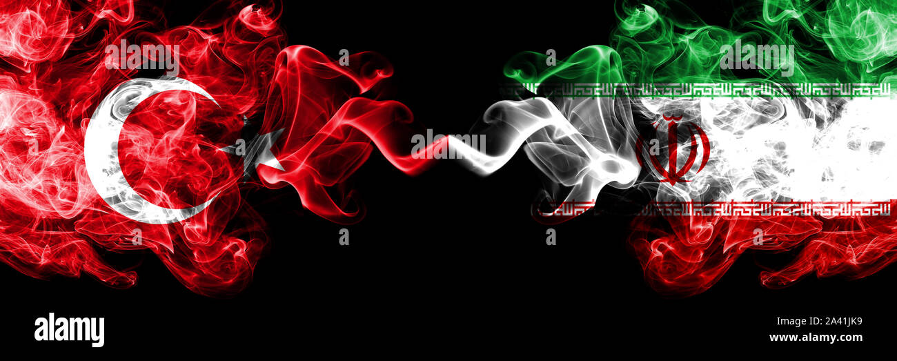 Turkey vs Iran, Iranian smoke flags placed side by side. Thick colored ...