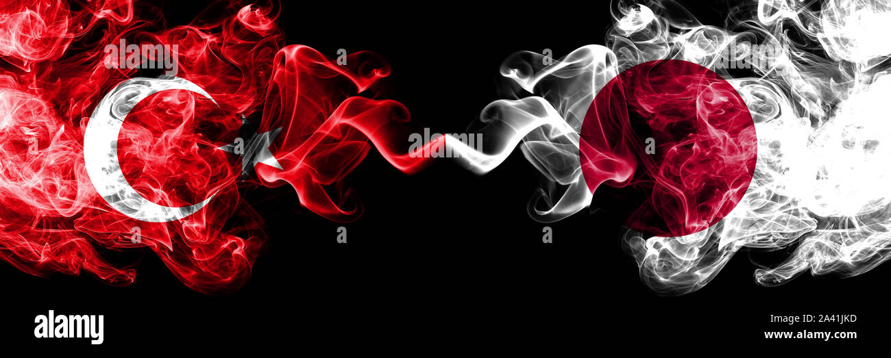 Turkey vs Japan, Japanese smoke flags placed side by side. Thick ...