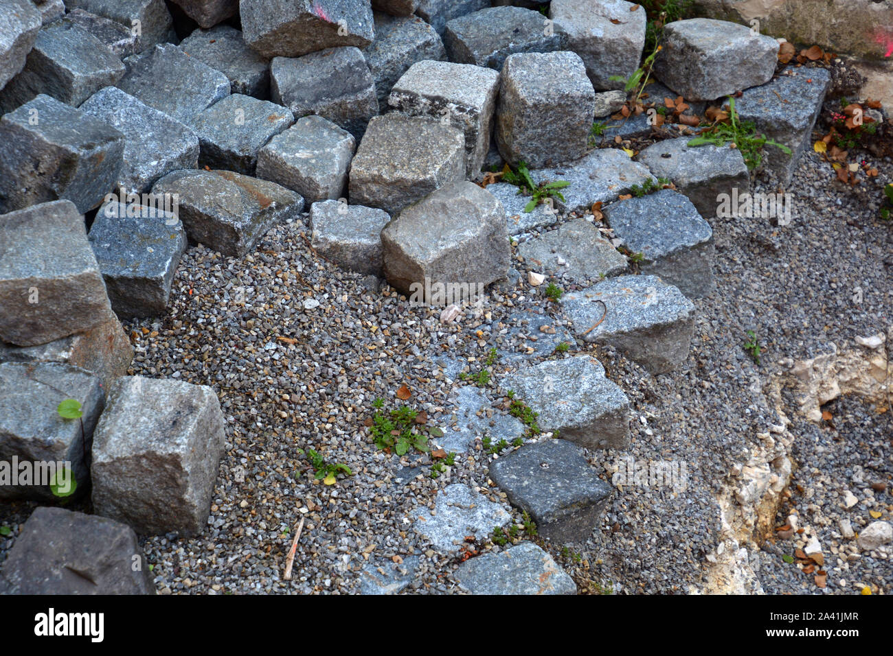 unfinished paving stones walkway, construction site and gray Paving on ...