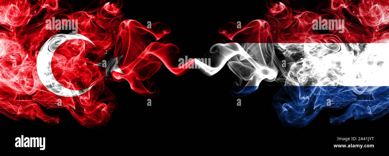 Turkey vs Netherlands, Dutch smoke flags placed side by side. Thick ...