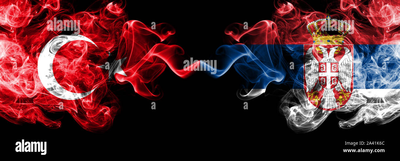 Turkey vs Serbia, Serbian smoke flags placed side by side. Thick ...