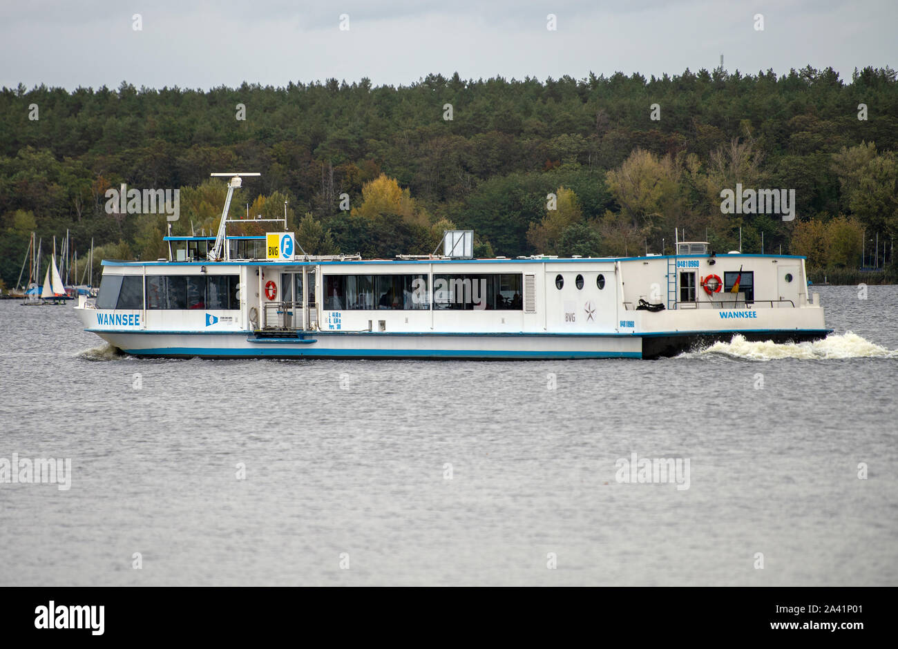 Berlin, Germany. 09th Oct, 2019. A BVG ferry crosses the Wannsee ...