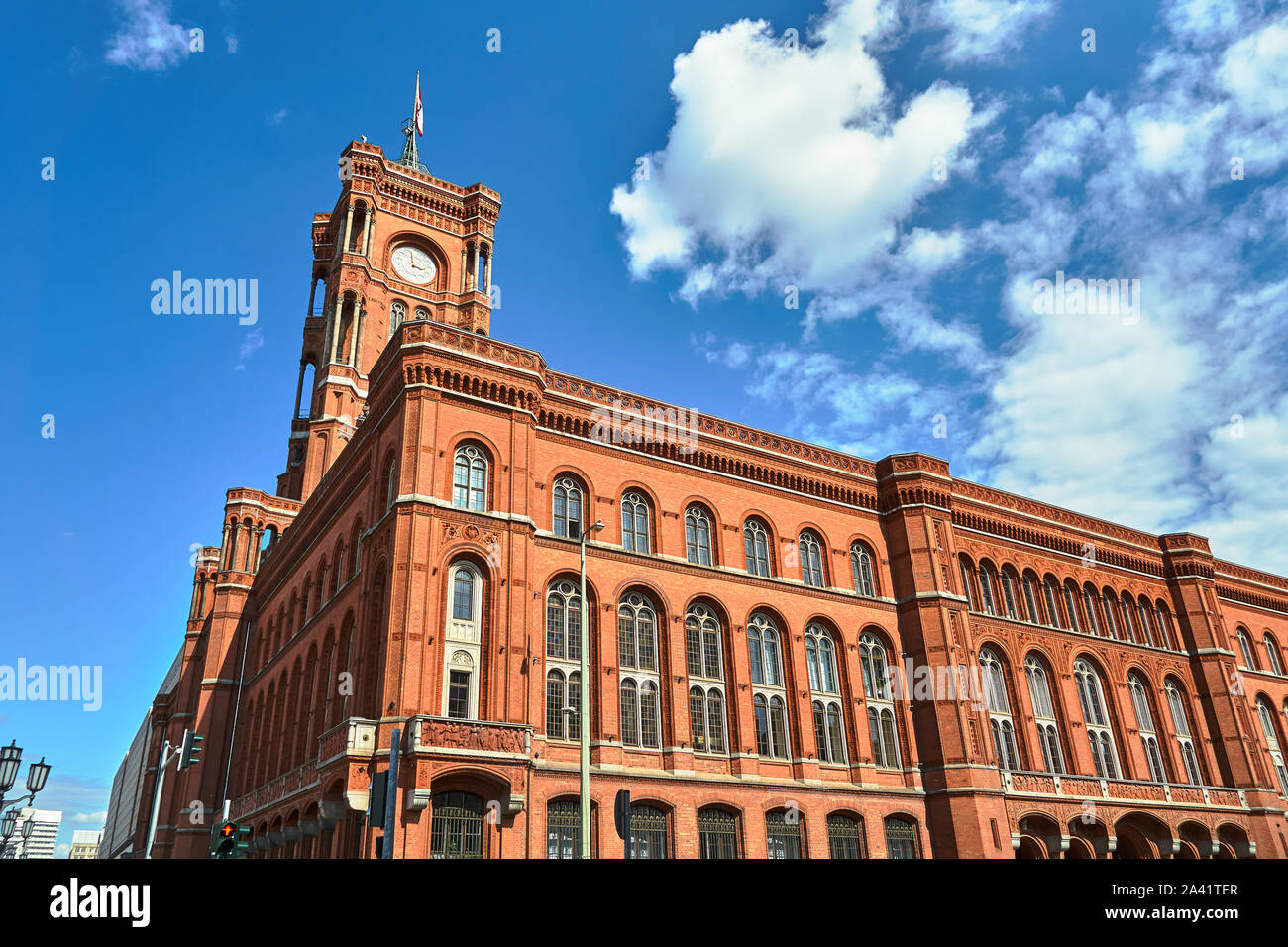 Neo-Renaissance Red Town Hall with the clock tower in the city of ...