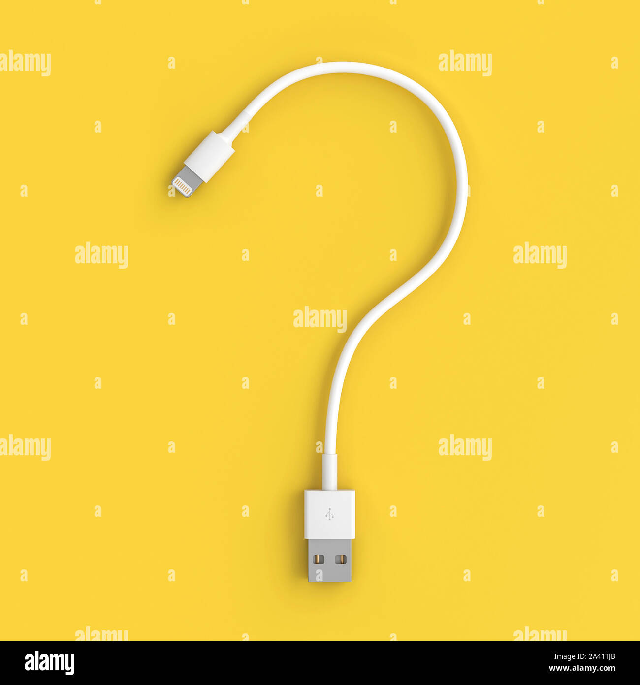 3d image of a question mark usb cable on a yellow background in a flat ...