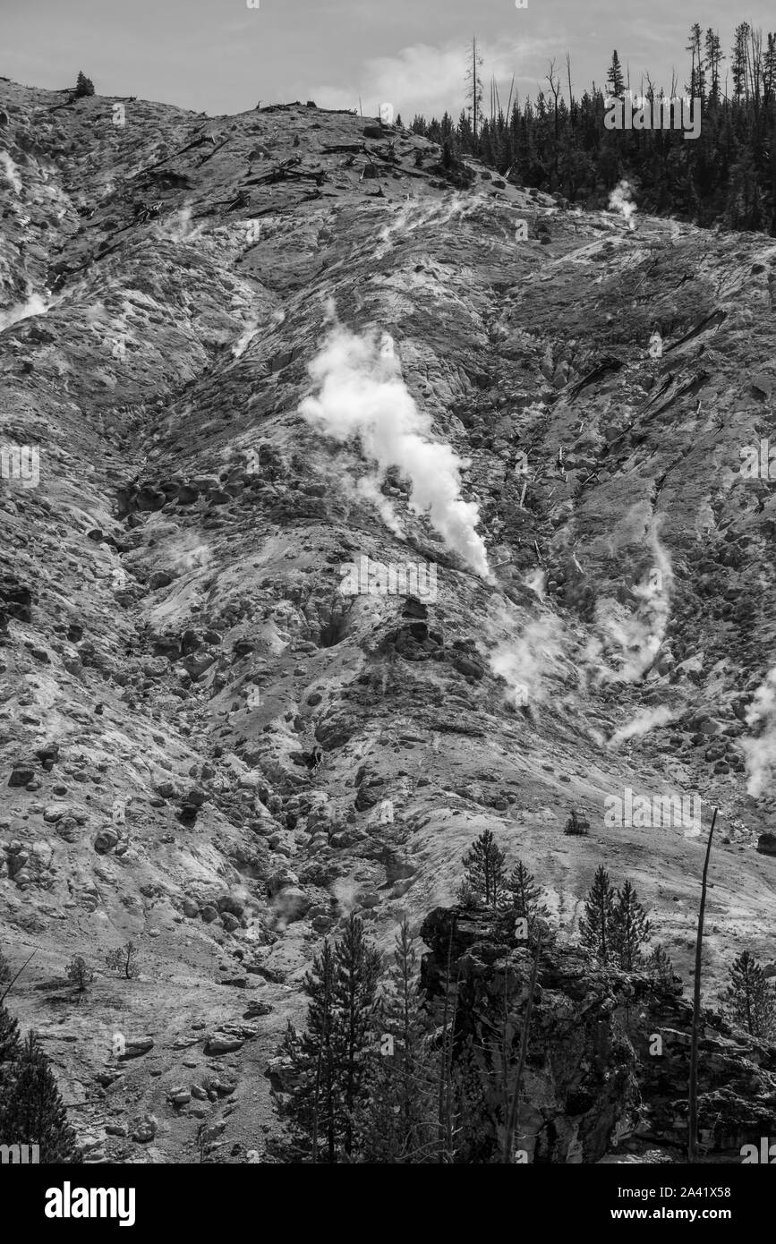 Steaming fumaroles at Roaring mountains in Yellowstone Stock Photo - Alamy