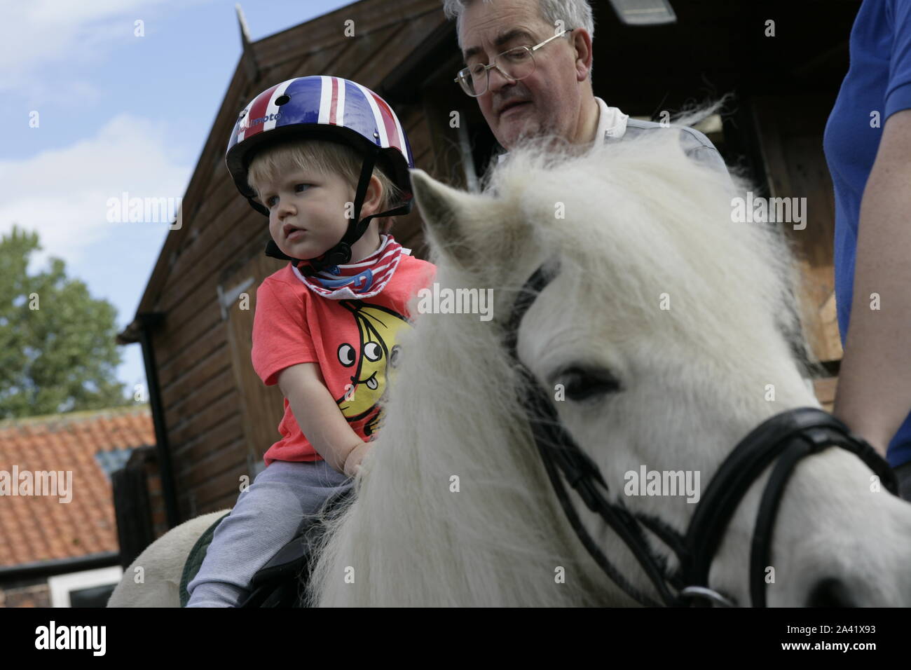 Young Male Toddler Child Having Horse Riding Lesson, Assisted by ...