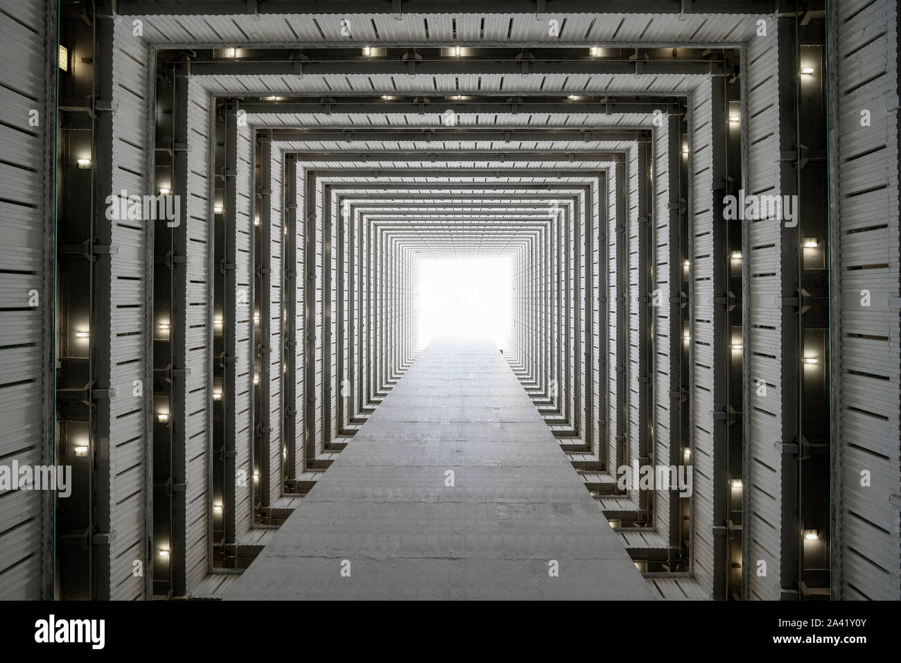 Looking up through atrium of social housing apartment block at Choi ...