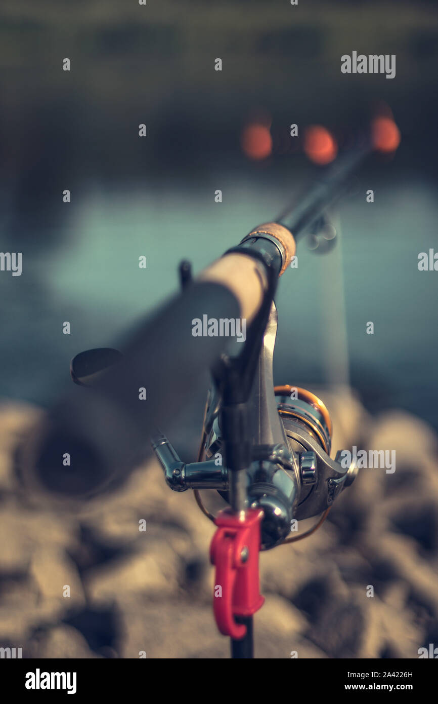 Fishing rod with a blurred background on a beautiful sunny day Stock ...