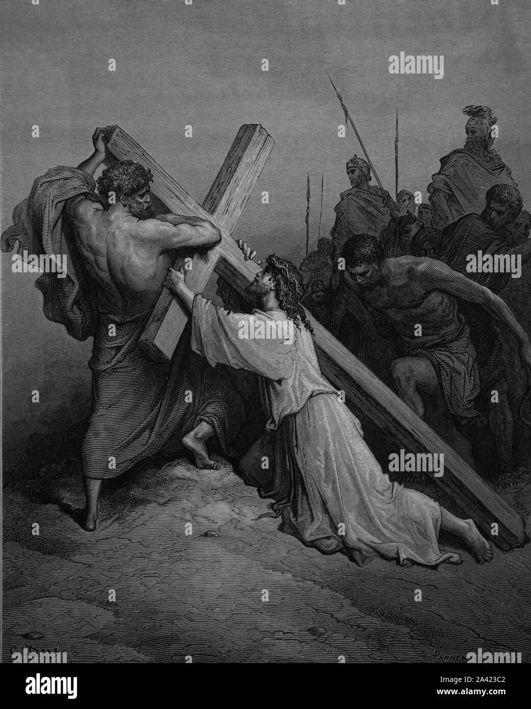 Jesus falling beneath the Cross. Engraving. Bible Illustration by ...