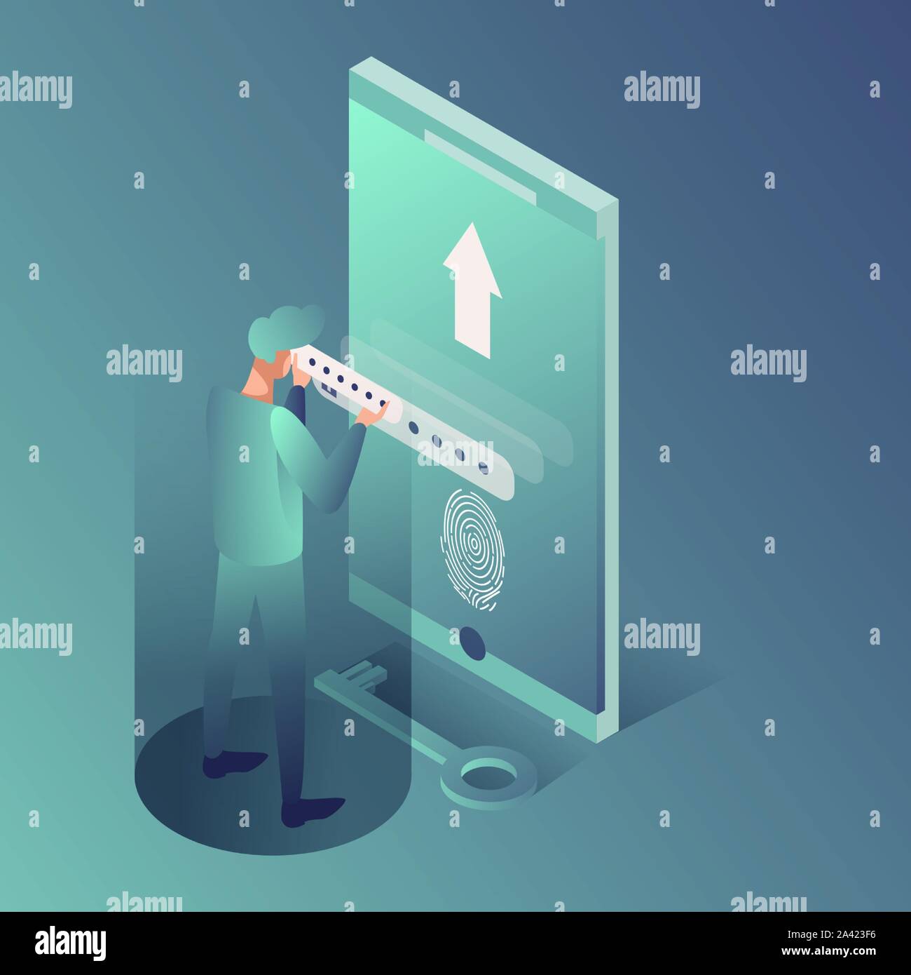 Man Entering Password Isometric Character Scanning Fingerprint Access