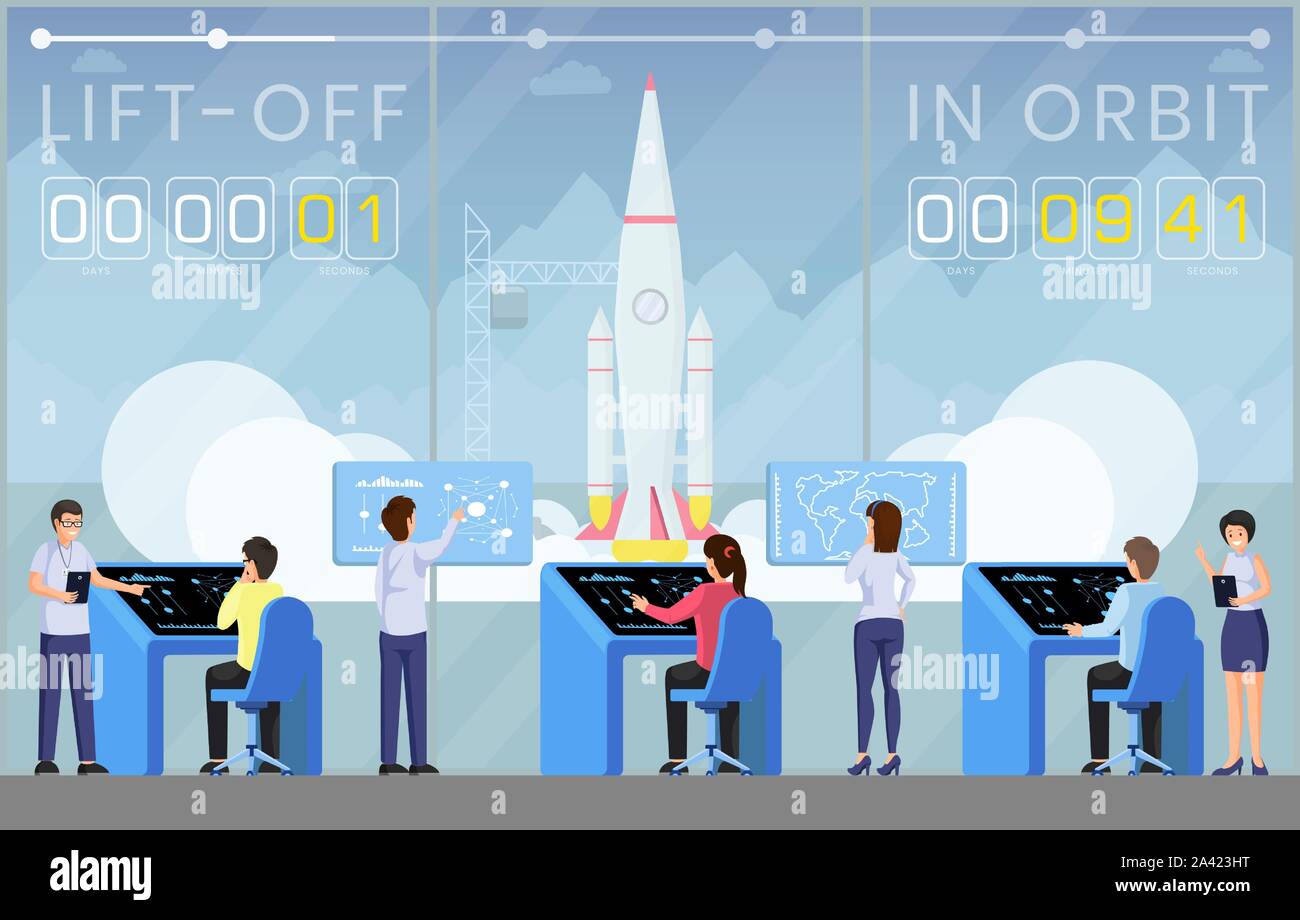 Spaceship launch countdown flat vector illustration. Ground control ...