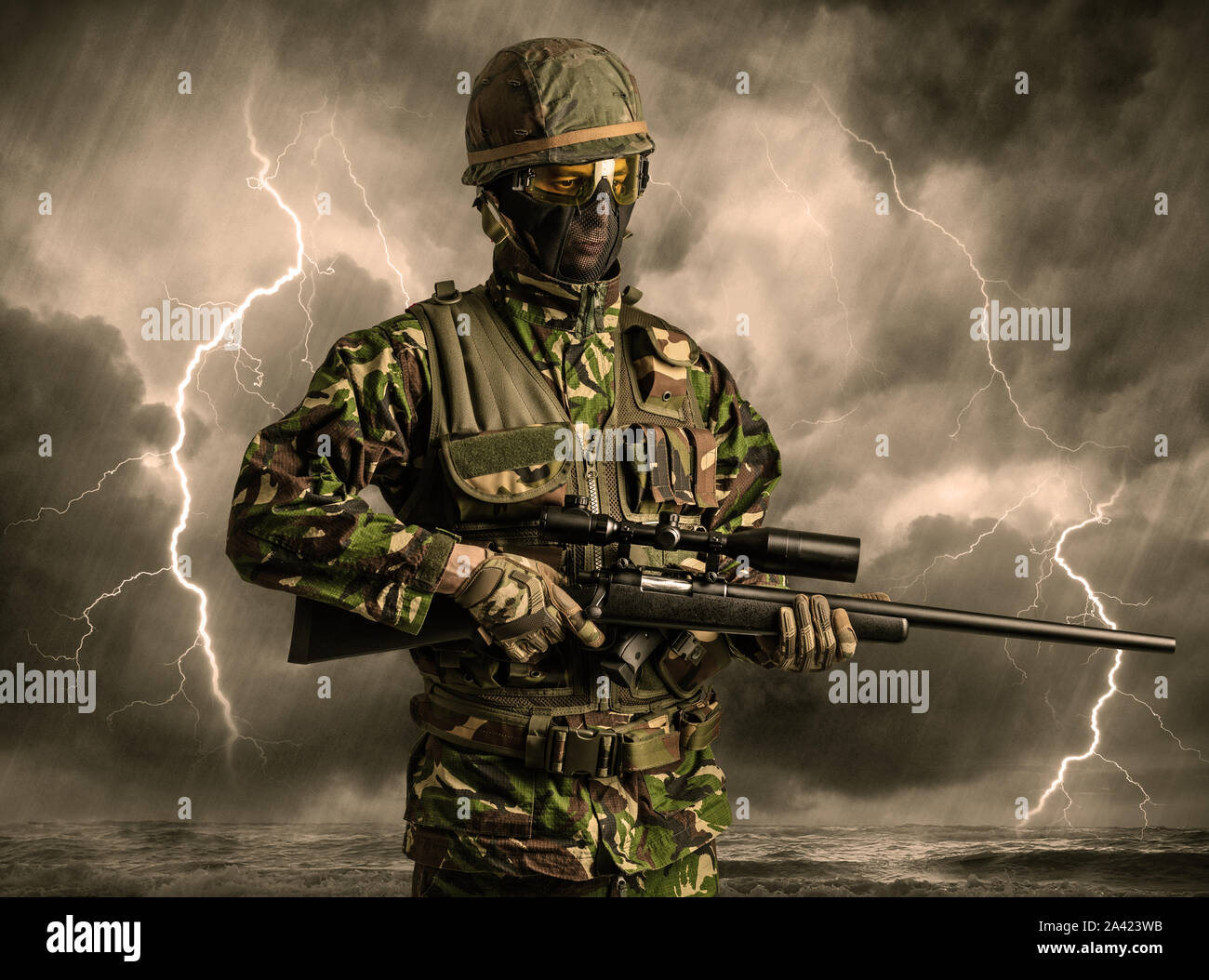 Armed soldier standing in rainy obscure weather Stock Photo - Alamy