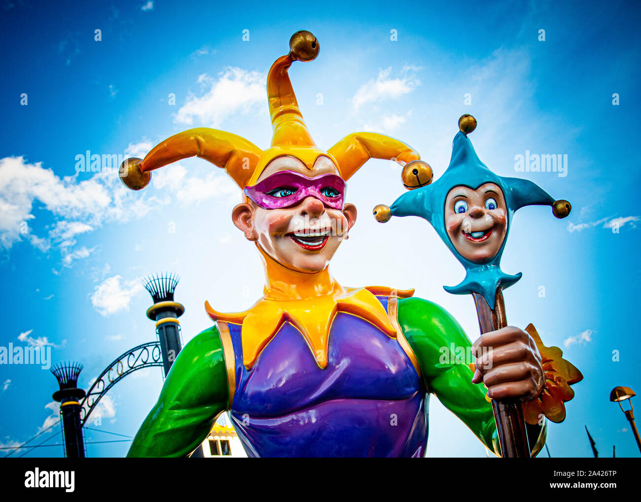 close up image of the iconic jester statue/sculpture, on the famous ...