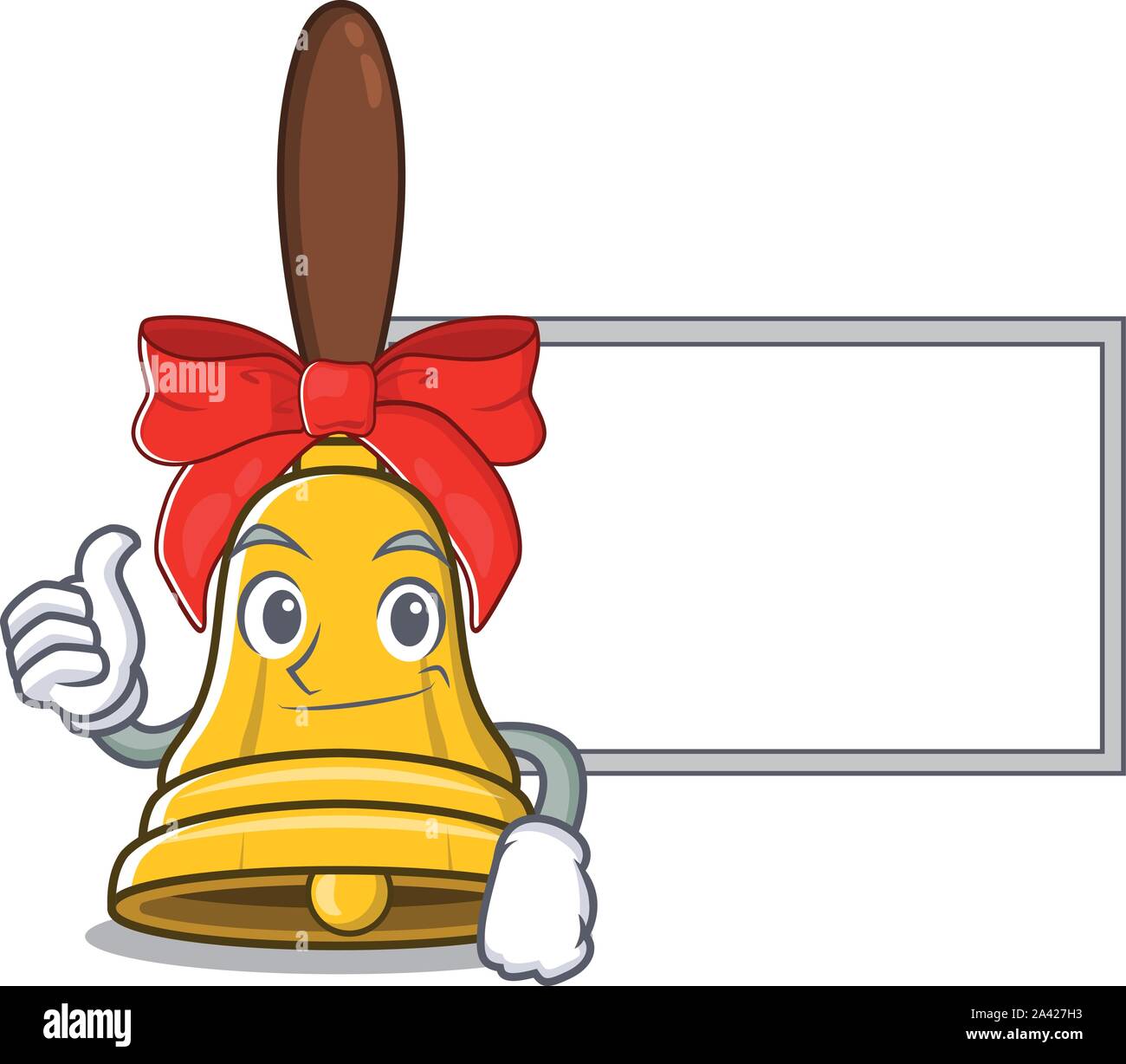 Thumbs up with board christmas bells hung on cartoon christmas trees ...