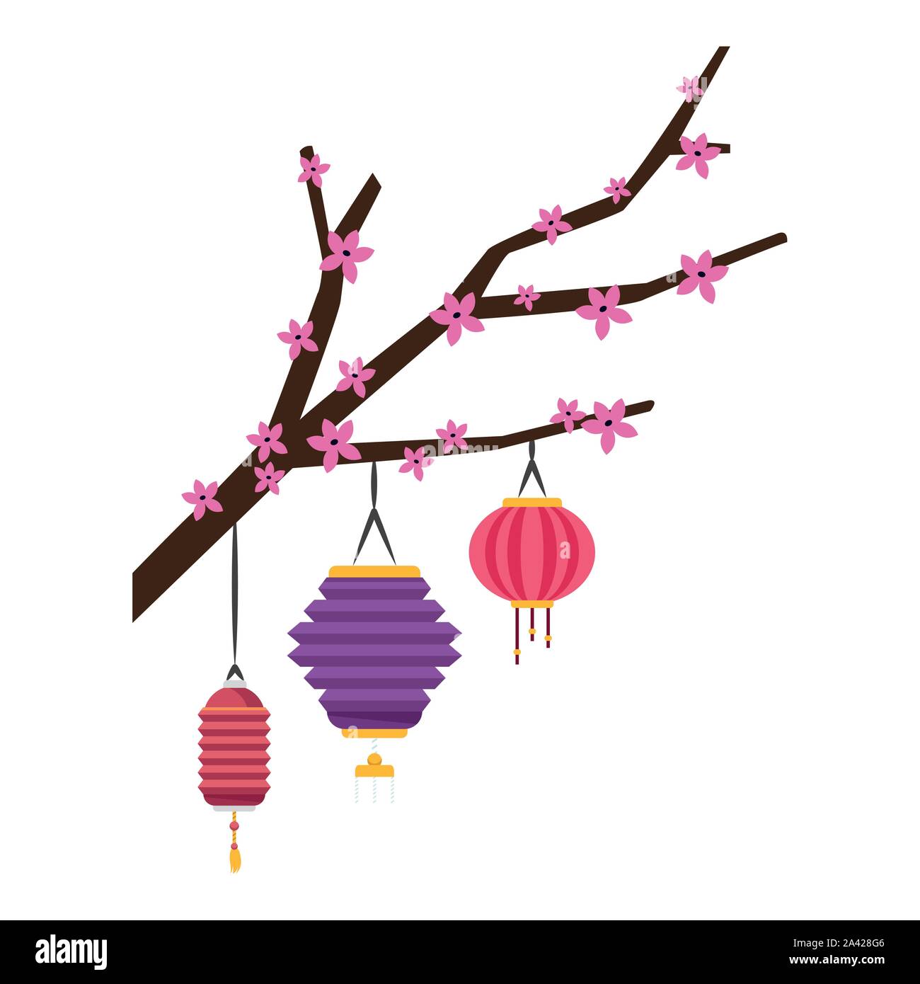 blossom tree branch with chinese lanterns icon, colorful design Stock ...