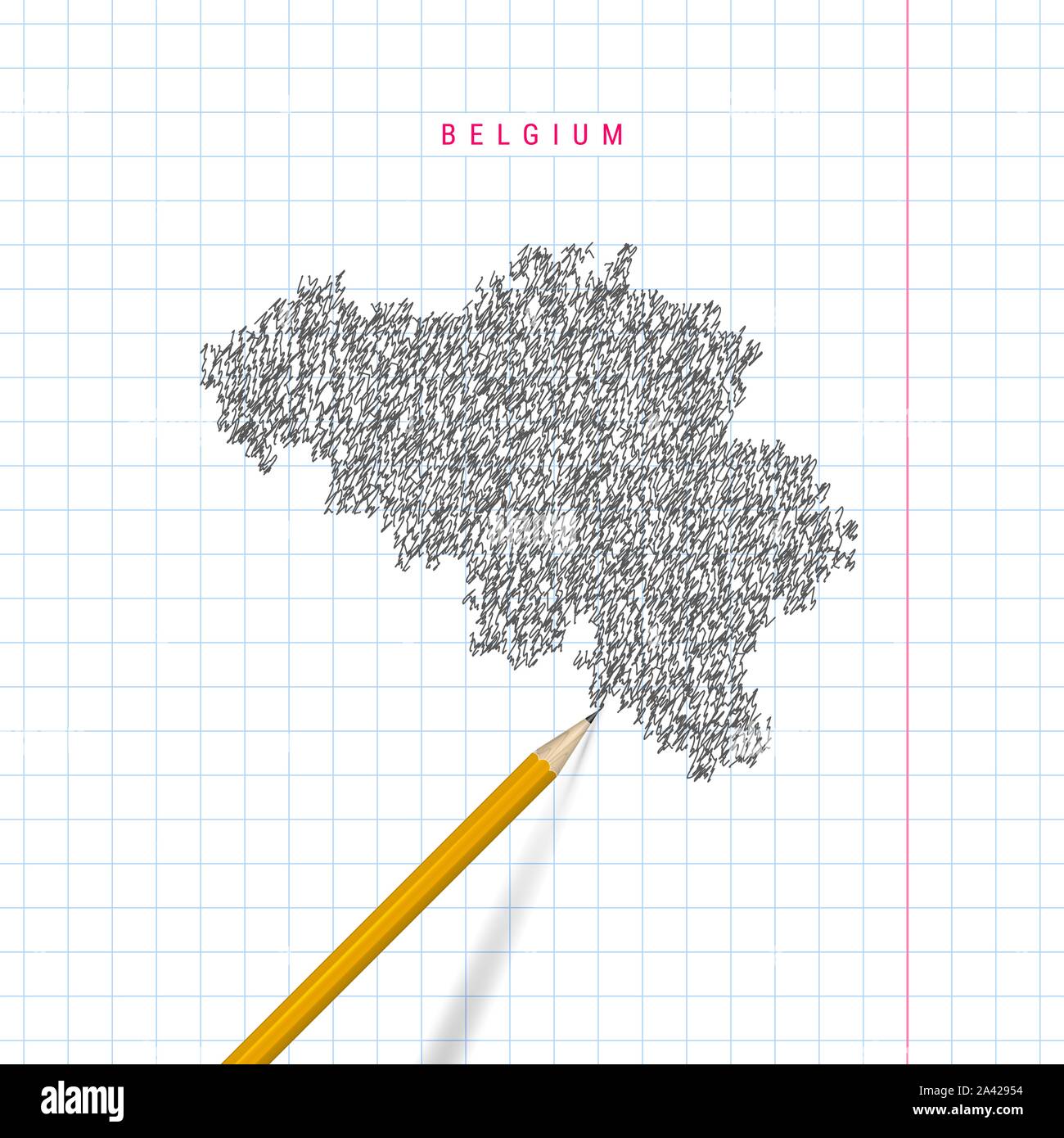 Belgium sketch scribble map drawn on checkered school notebook paper background. Hand drawn ...