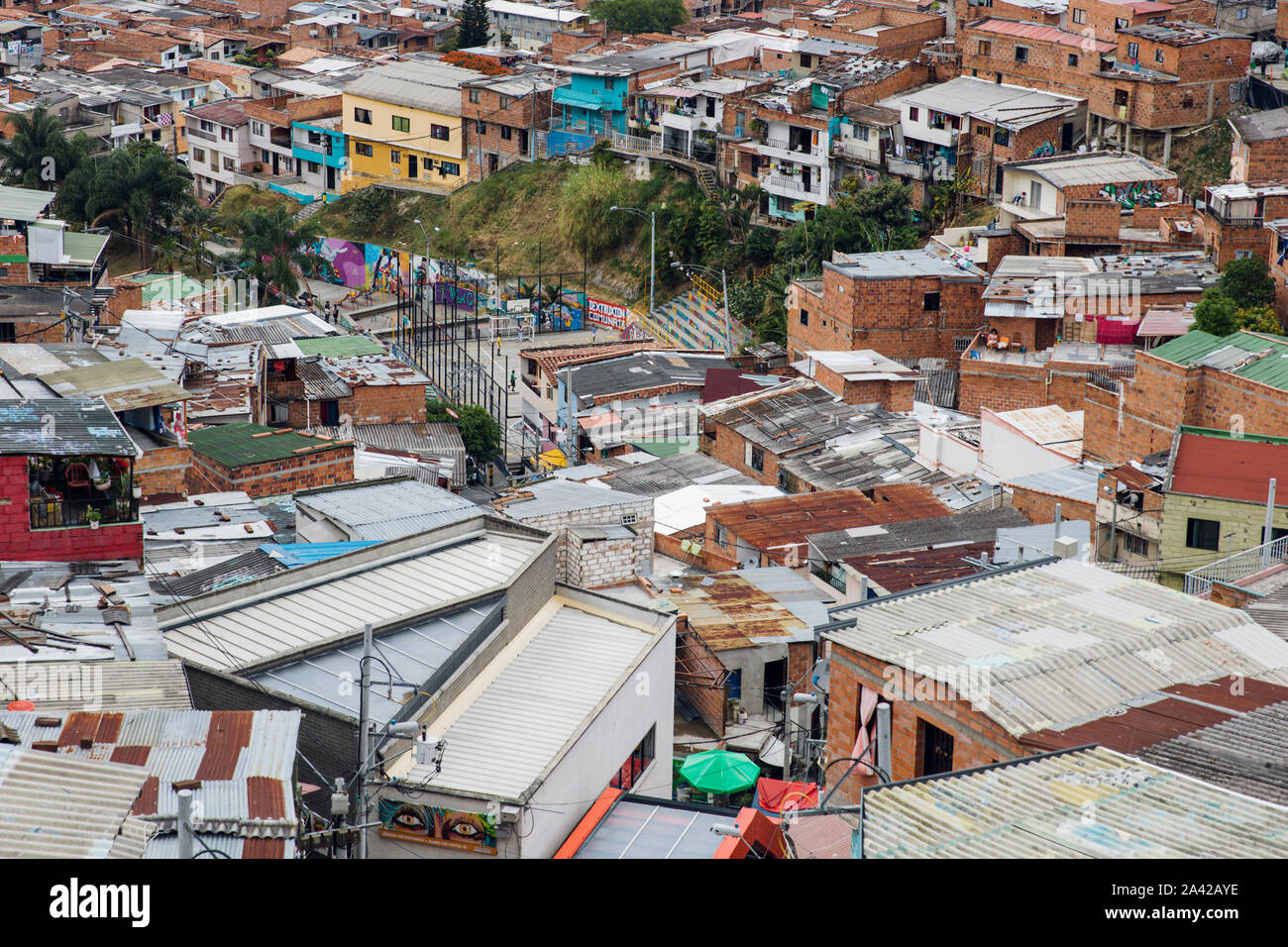 Over view at houses on the hills of Comuna 13 in Medellin, Columbia ...