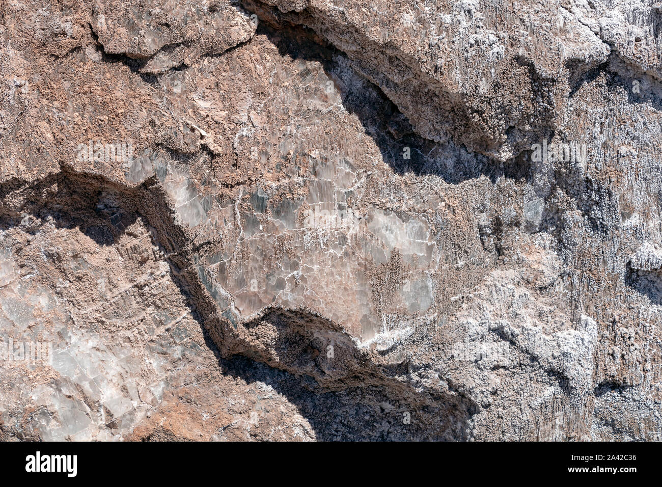 Salt crystals on the salty surface of saline desert close up. Natural ...
