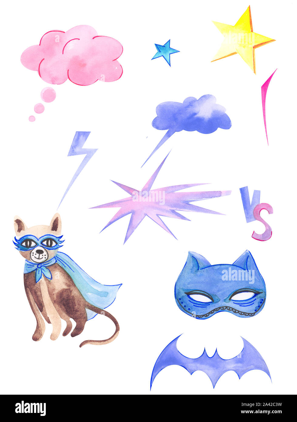 Illustration color drawing watercolor super heroes with accessories and ...