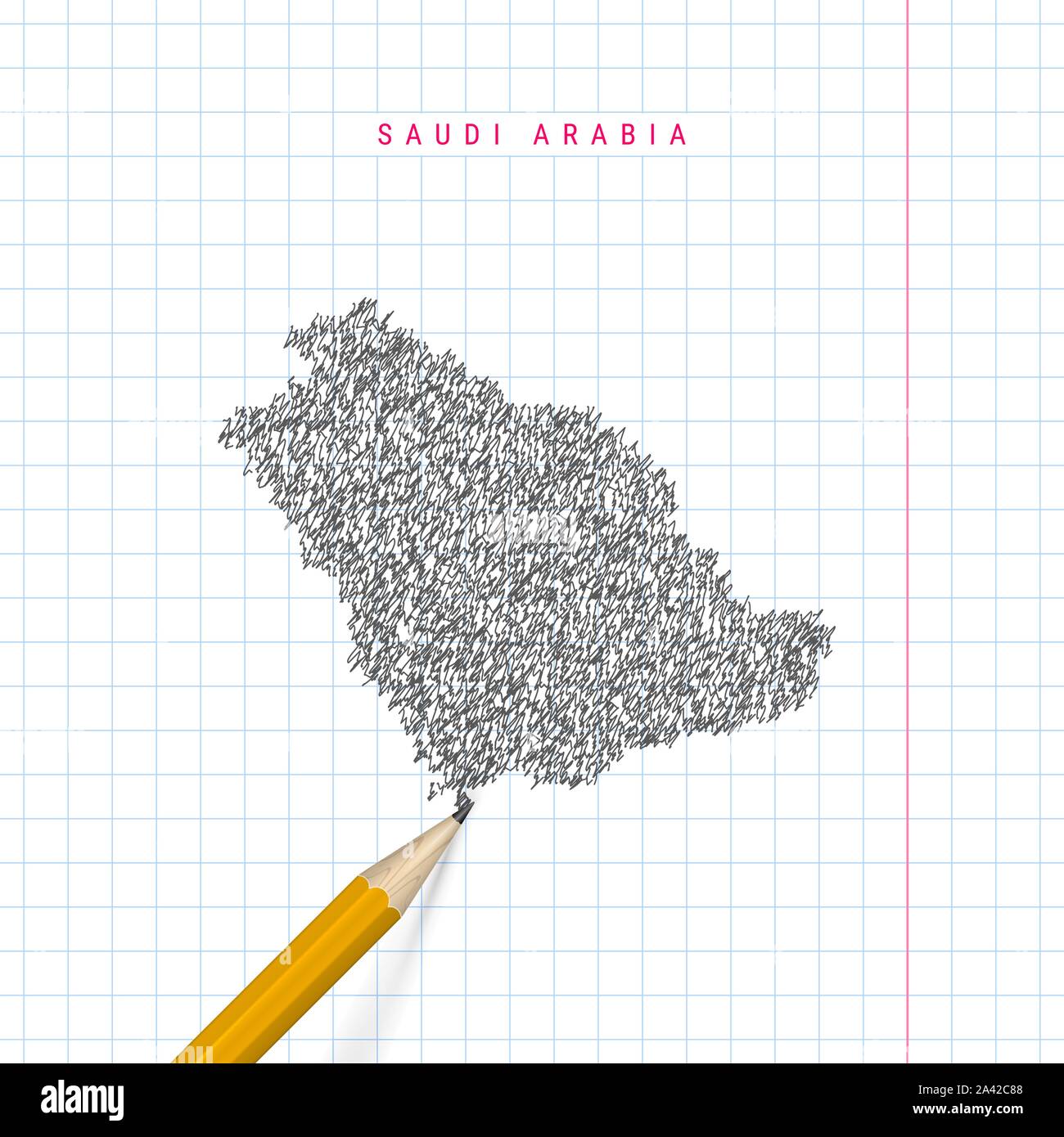 Saudi Arabia sketch scribble map drawn on checkered school notebook ...