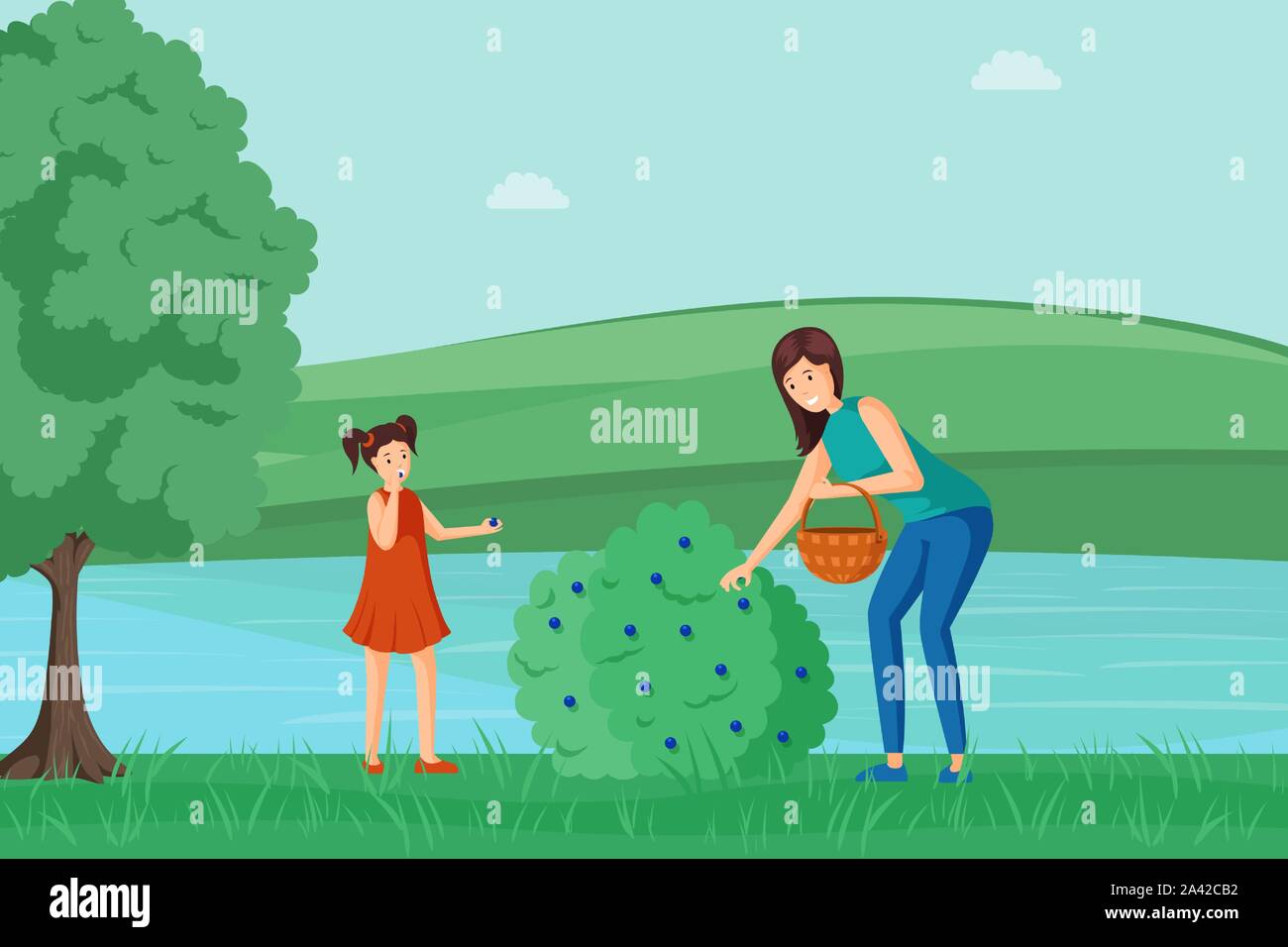 Mother, child gathering blueberries flat illustration. Young woman ...