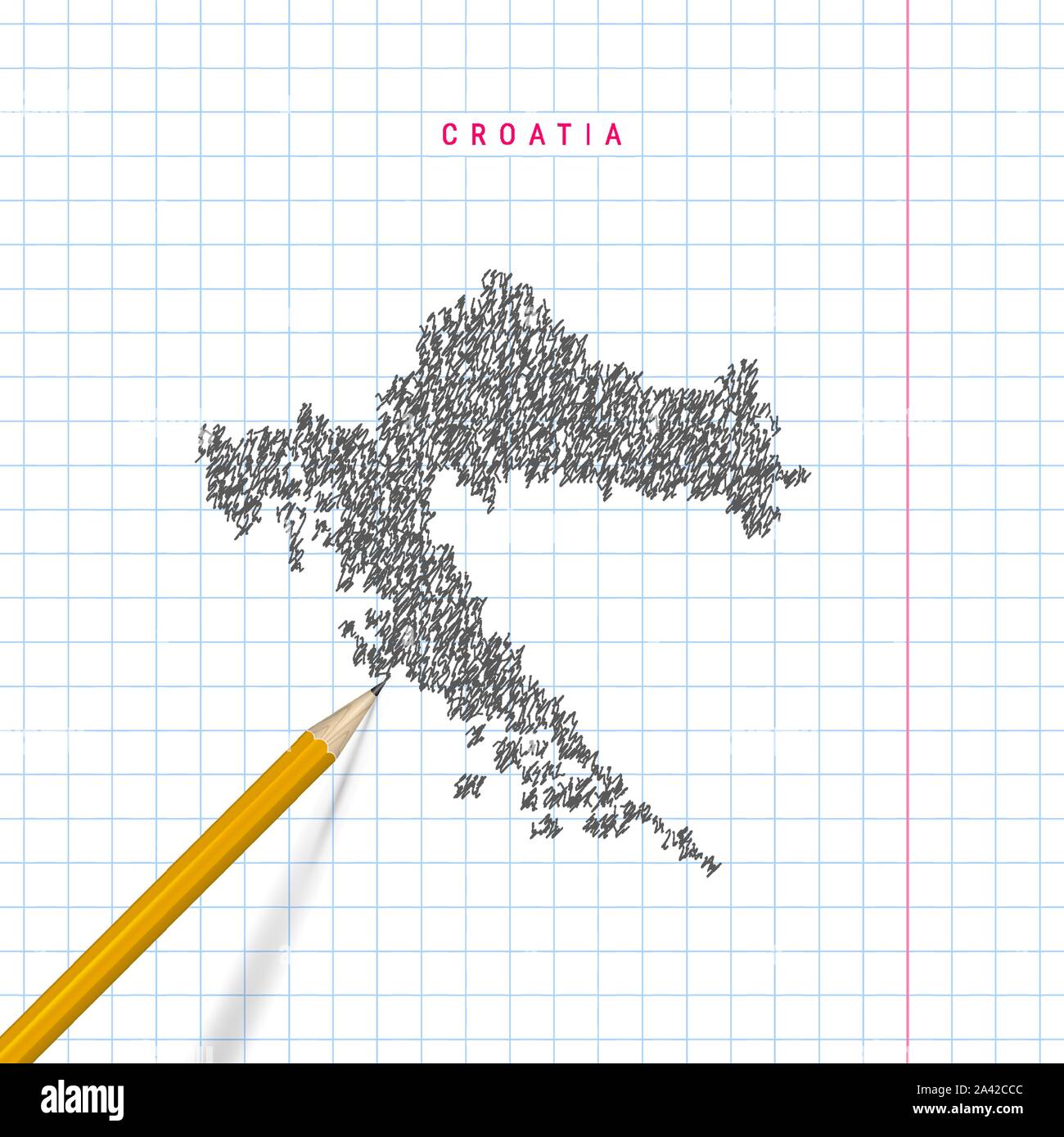 Croatia sketch scribble map drawn on checkered school notebook paper ...