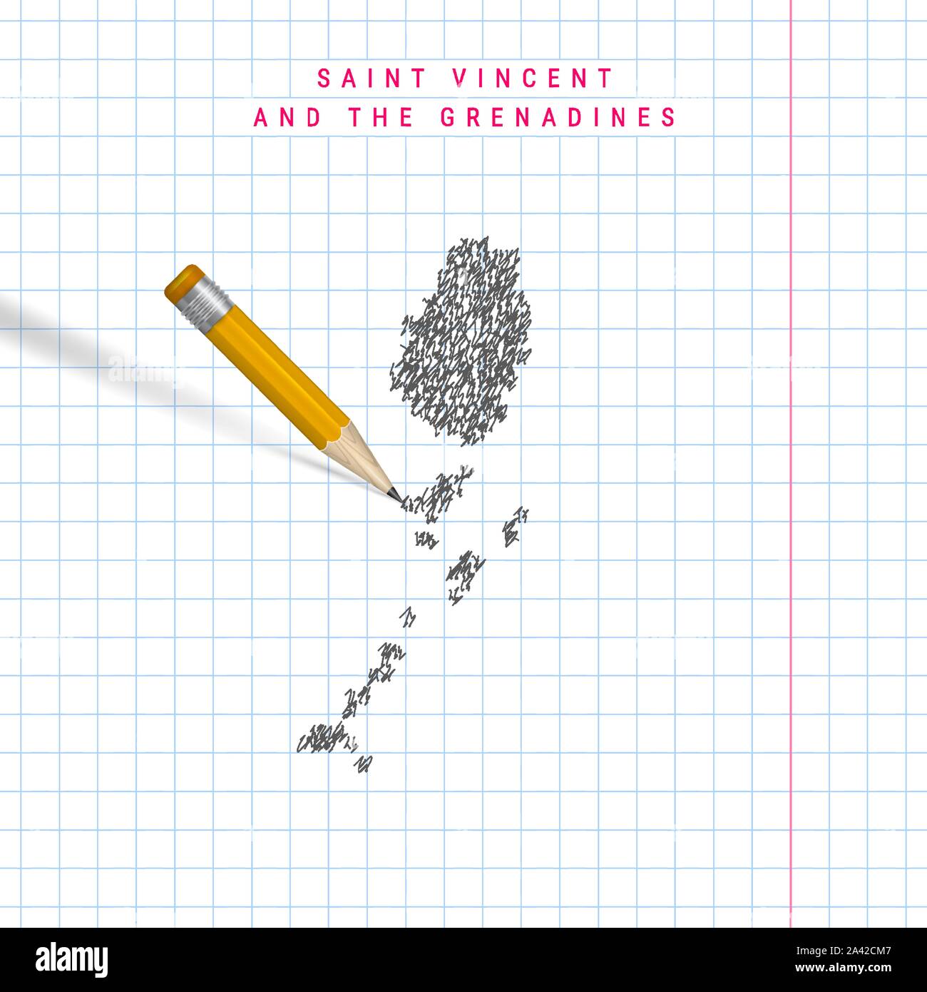 Saint Vincent and the Grenadines sketch scribble map drawn on checkered school notebook paper ...
