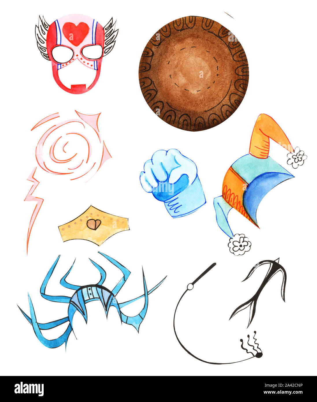 Illustration color drawing watercolor super heroes with accessories and ...