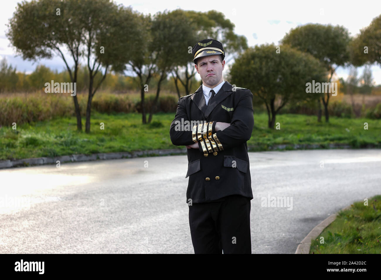 serious pilot captain aviator portrait uniform crew Stock Photo - Alamy