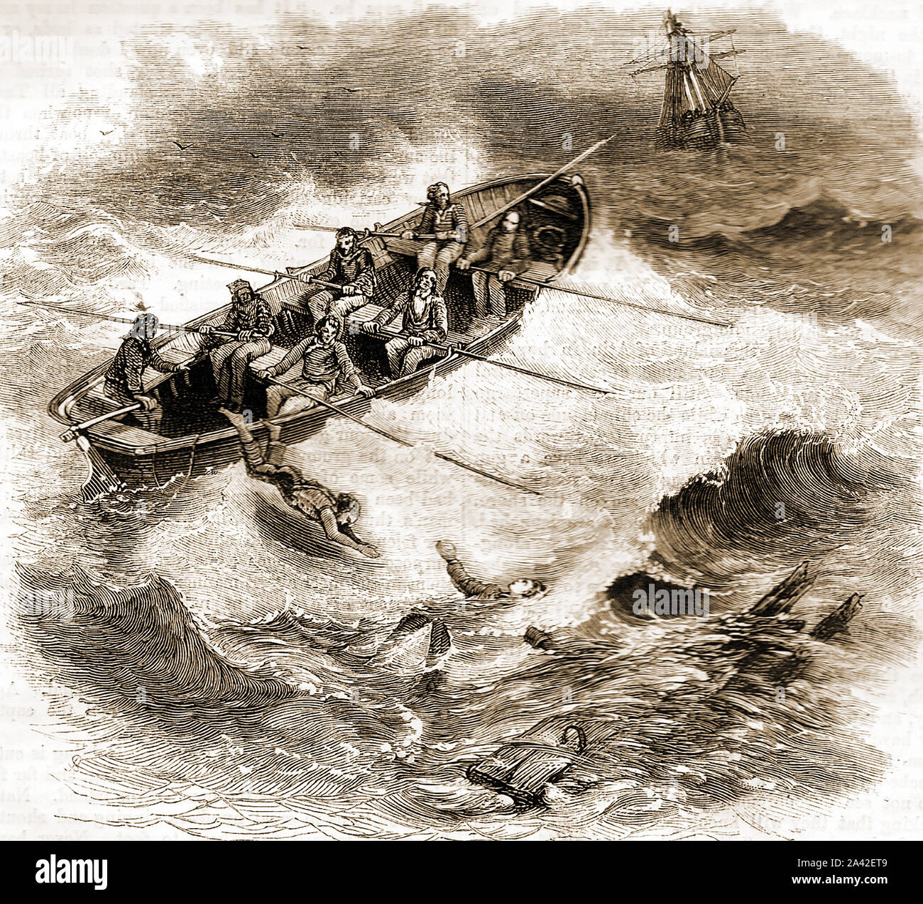 A Victorian engraving of an open boat rescue during a shipwreck in the ...