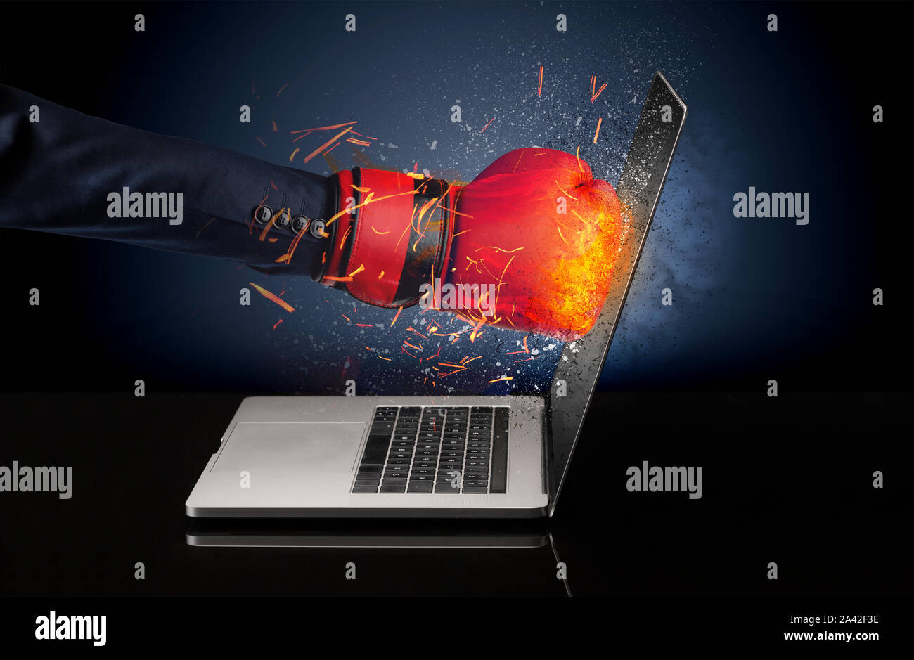 Arm hitting strongly laptop screen which breaks in little pieces Stock ...