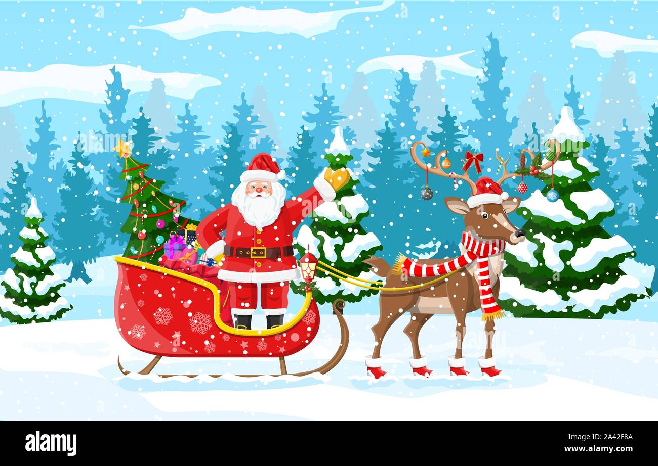 Christmas santa claus rides reindeer sleigh Stock Vector Image & Art ...