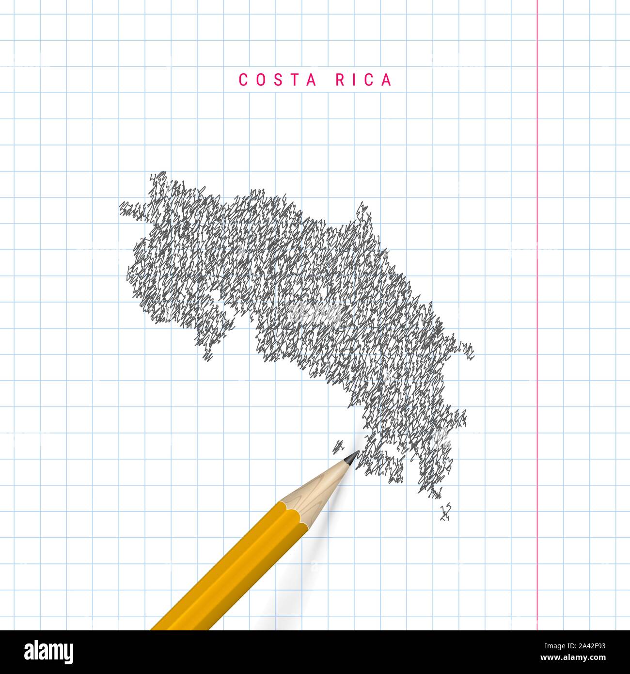 Costa Rica sketch scribble map drawn on checkered school notebook paper ...