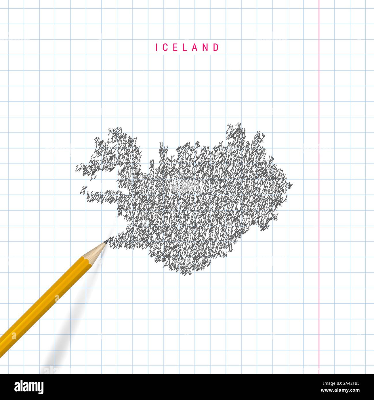 Iceland sketch scribble map drawn on checkered school notebook paper ...
