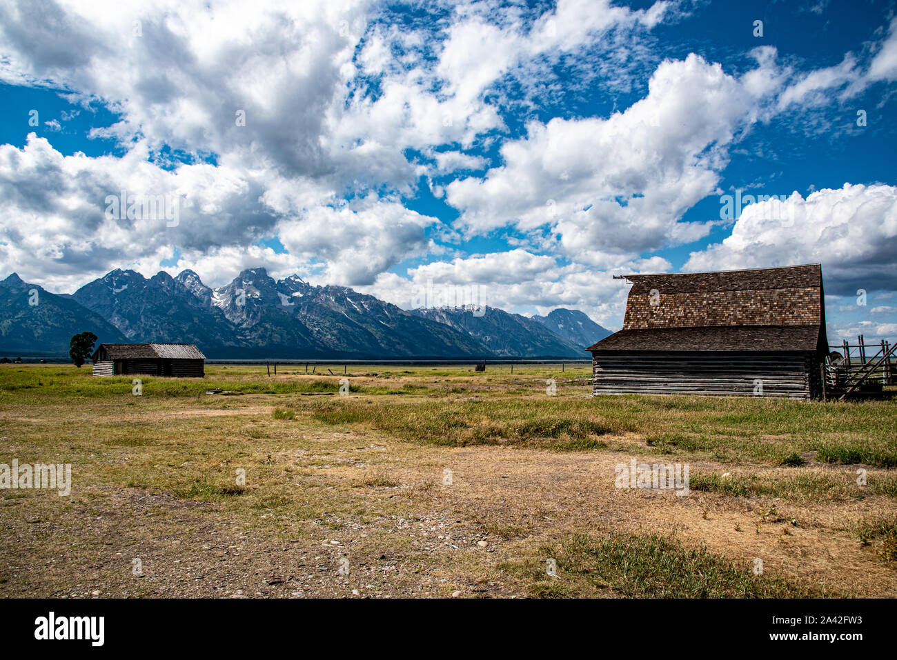 Mormon house and barn at the Grand Teton national park in Wyoming (USA ...