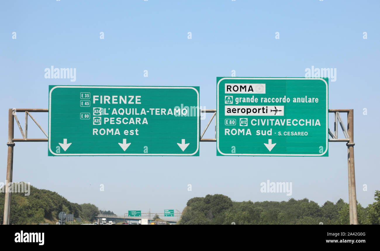 Traffic sign on the italian highway to Rome Capital of Italy and more ...