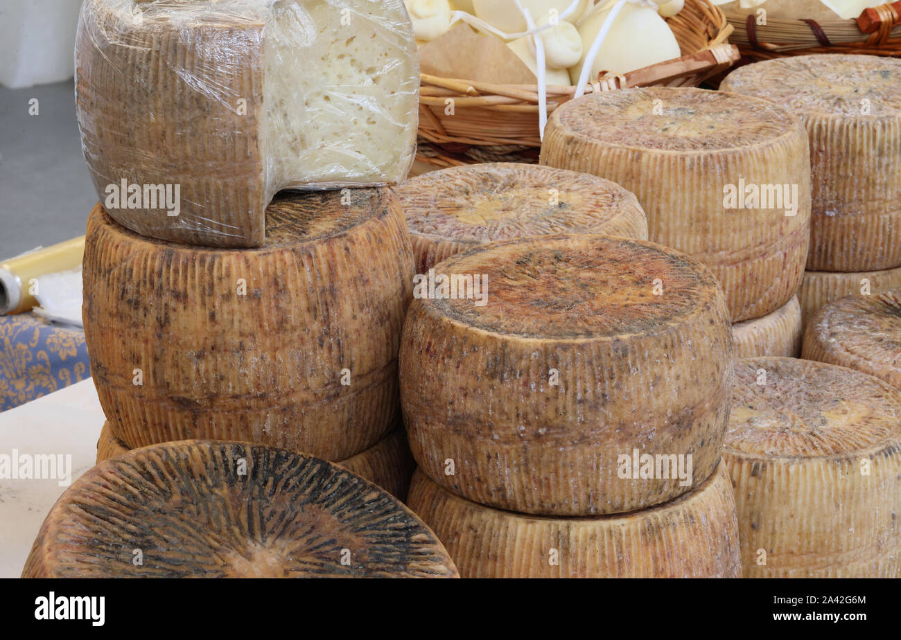 aged cheese for sale at stand of food market Stock Photo - Alamy