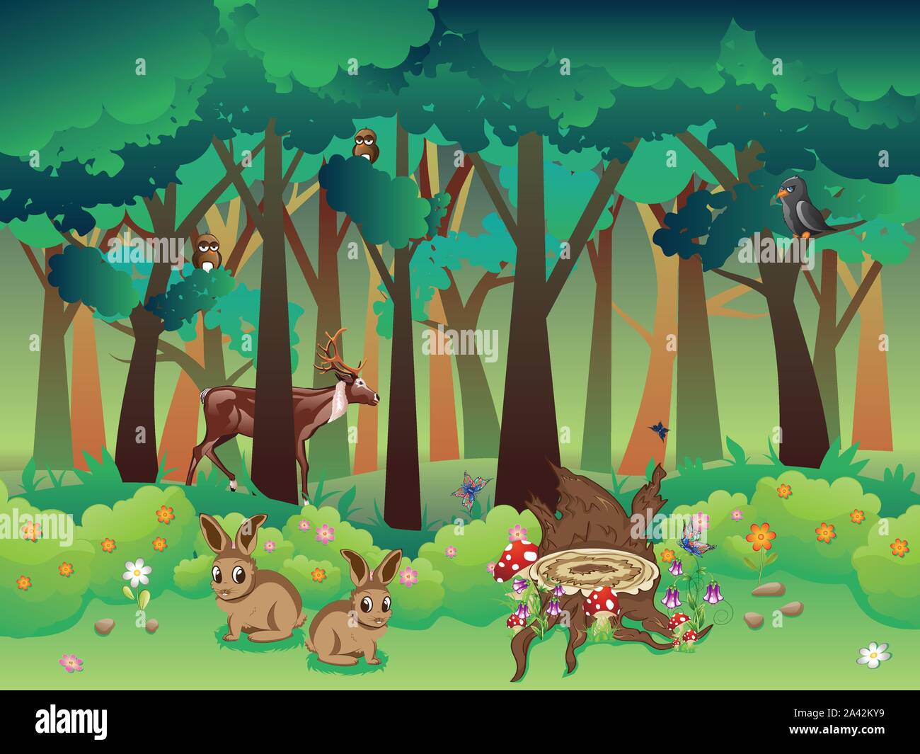 Cartoon summer forest landscape with green shrubs, trees and cute ...