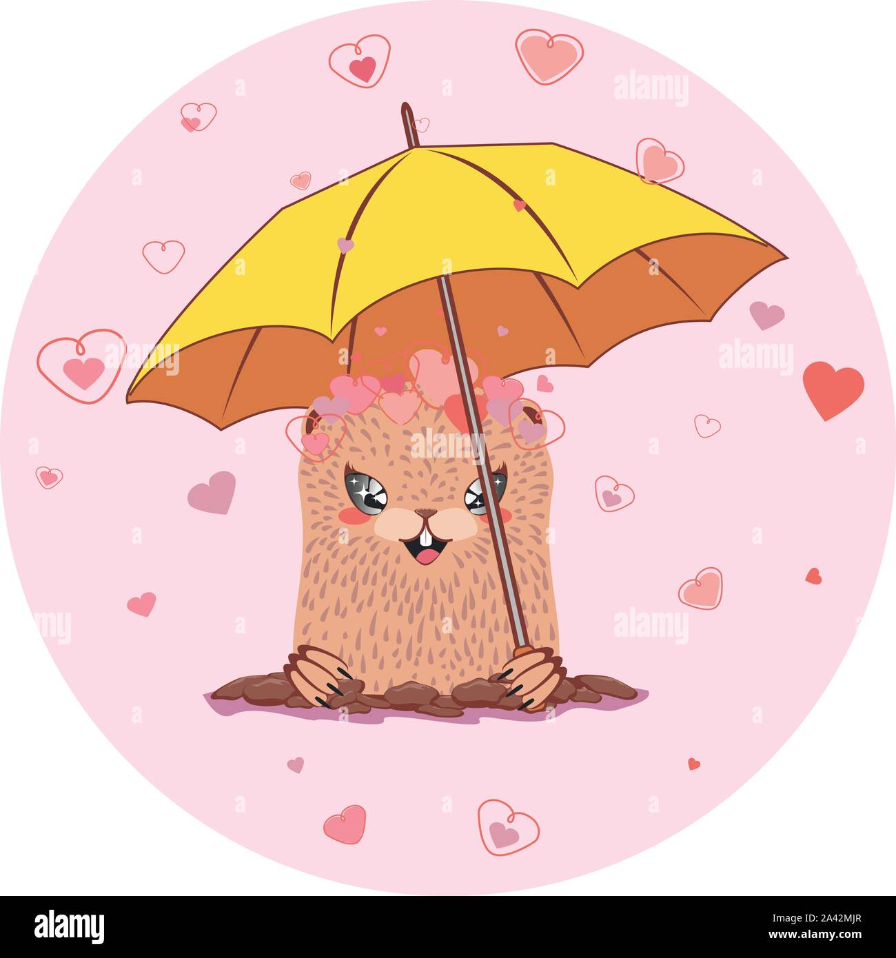 Cartoon kawaii groundhog with lovely hearts, valentines day greeting ...