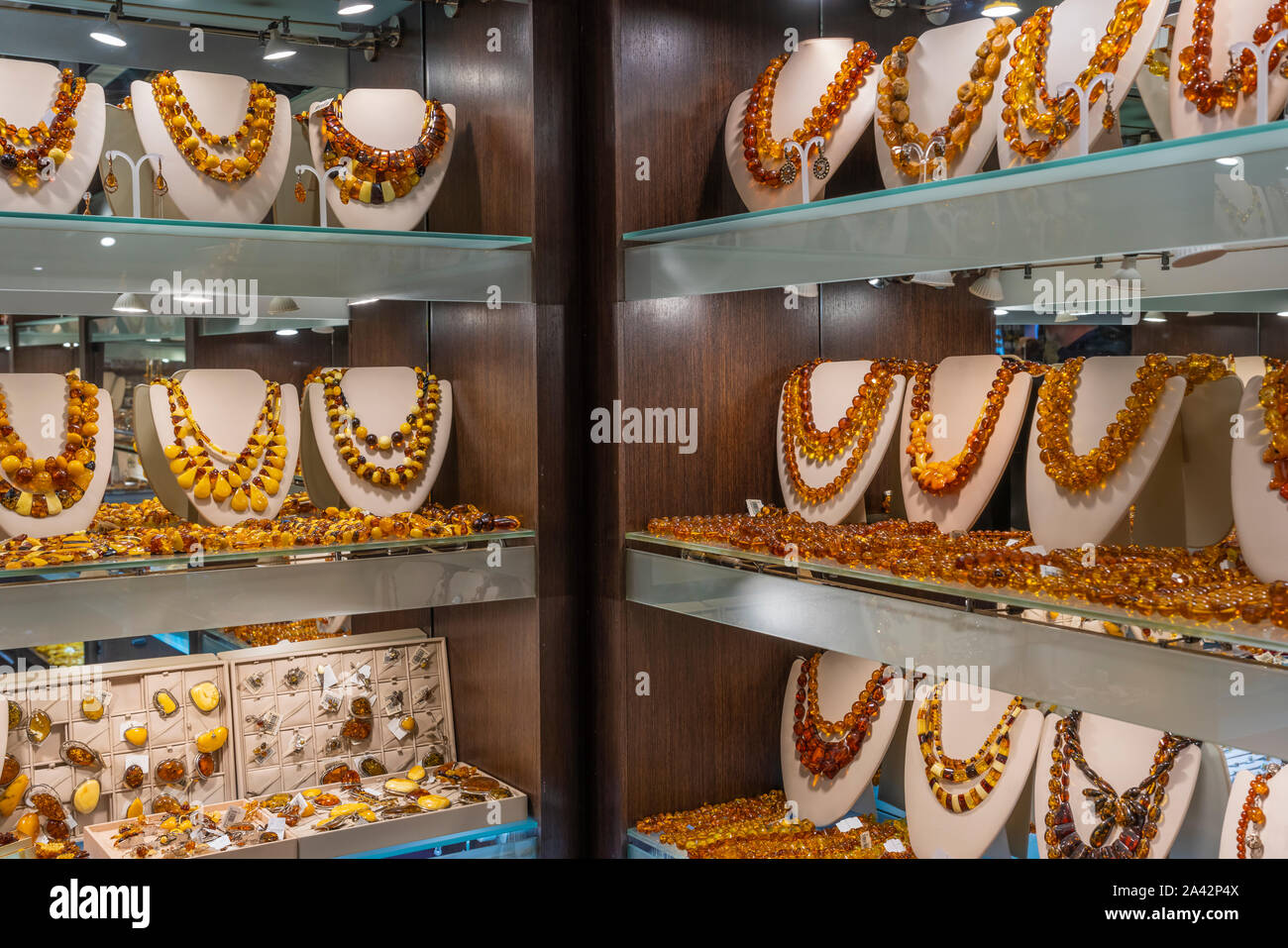 A display of jewellry in a souvenir shop in St. Petersburg, Russia ...