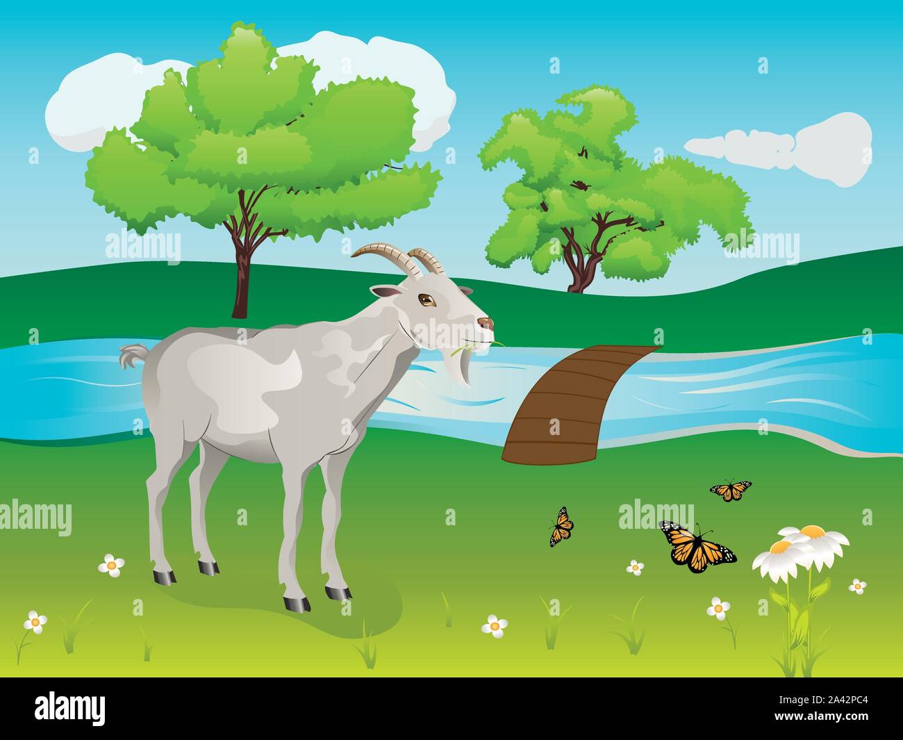 Summer landscape with curious goat, trees, river, flowers and ...