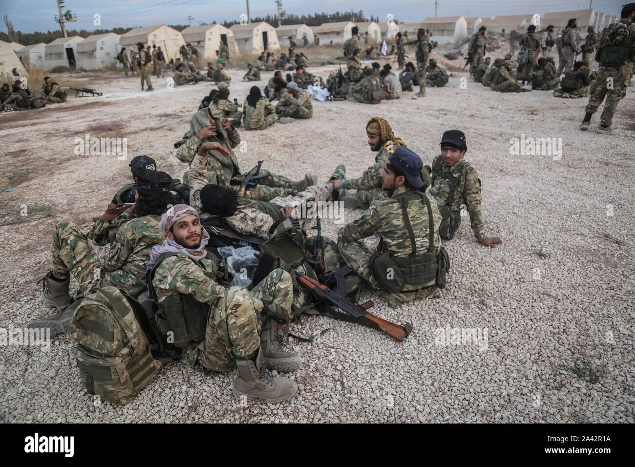 Akcakale, Turkey. 11th Oct, 2019. Soldiers and military vehicles are ...