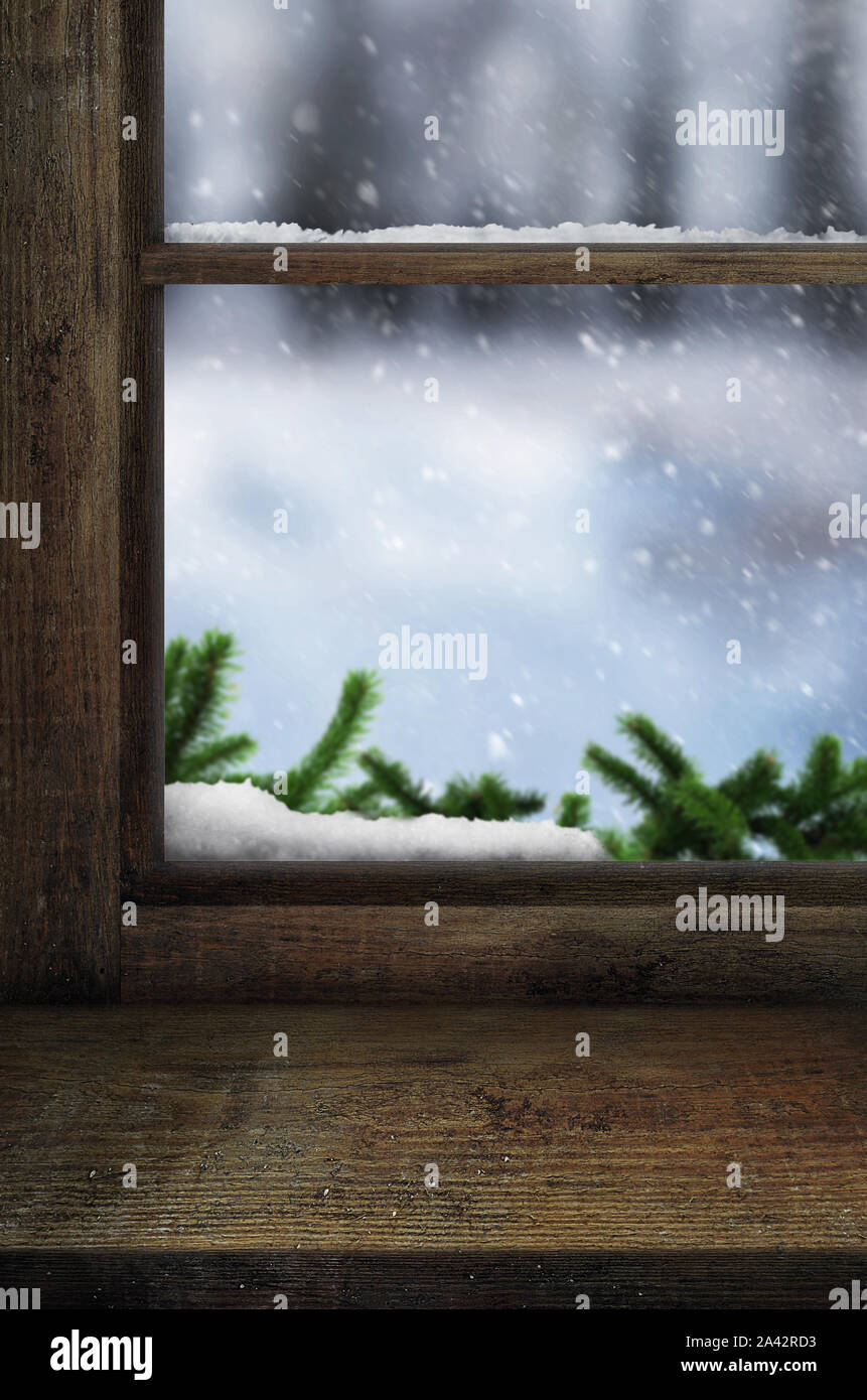 Winter background with old wooden window and winter landscape Stock ...