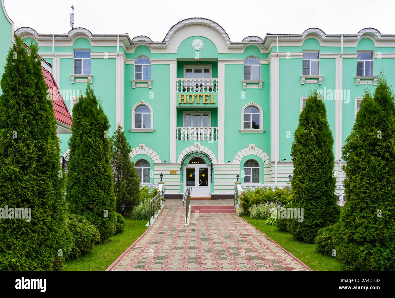 An exterior view of the Pectopah Restaurant and Hotel in St. Petersburg ...
