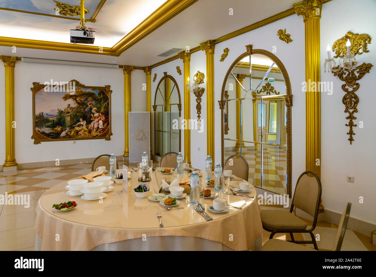 An interior view of the Pectopah Restaurant in St. Petersburg, Russia ...