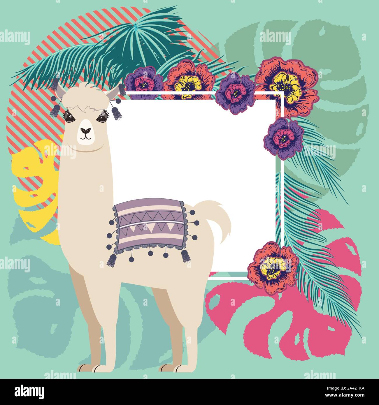 Floral banner with cute llama, tropical leaves and flowers design Stock ...